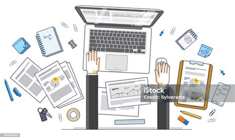 비즈니스 분석 회사원 또는 노트북 컴퓨터와 금융 분석 논문 편지지 및 문서와 손을 책상의 상위 뷰 작업 하는 기업가 사업가 벡터입니다 3차원 형태에 대한 스톡 벡터 아트 및