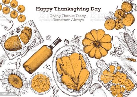 추수 감사절 음식 배너 디자인 추수 감사절 그림 음식 손으로 그린 스케치 칠면조와 축제 저녁 식사 가을 음식 스케치 새겨진 이미지입니다 벡터 추수 감사절 배경 추수감사절에