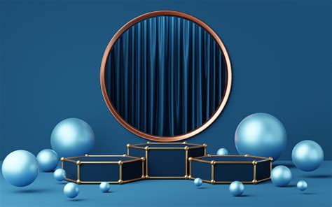 3 구리 테두리가 있는 빈 파란색 육각형 연단 금색 원형 아치에 있는 공 커튼 배경 추상적인 미니멀 스튜디오 기하학적 모양 제품