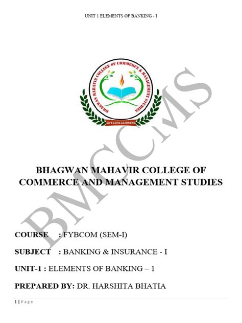 Unit 1 Elements Of Banking 1 Pdf Reserve Bank Of India Banks