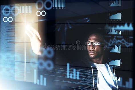 man glasses and programmer at night with hologram selection and dashboard for web design
