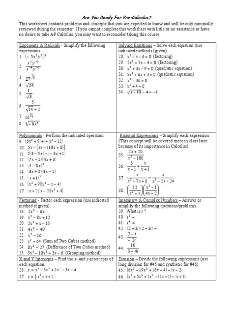 Are You Ready For Precalculus Pdf Precalculus Factorization Worksheets Library