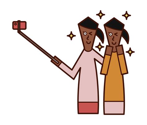 셀카봉을 사용하여 셀카를 찍는 사람여성의 일러스트 무료 일러스트 소재집 Kukukeke