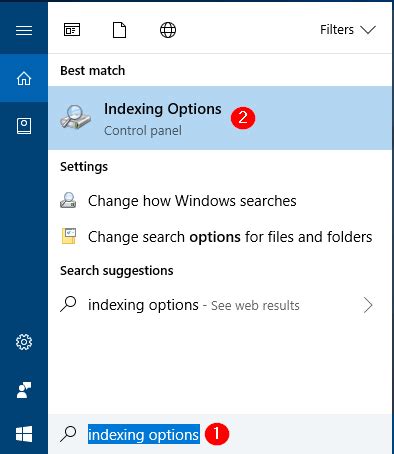 Indexing Options Windows 10 Password Recovery