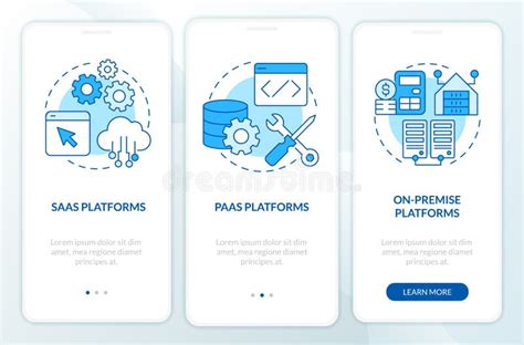 Types Of Ecommerce Platforms Blue Onboarding Mobile App Screen Stock Illustration Illustration
