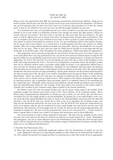 Homework 5 For Applied Statistics I Stat 554 Docsity