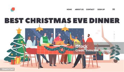 크리스마스 이브 저녁 식사 방문 페이지 템플릿 집에서 집에서 Xmas 밤에 와인과 가족 토스트 거실의 테이블에 앉아 가정 생활에 대한 스톡 벡터 아트 및 기타 이미지