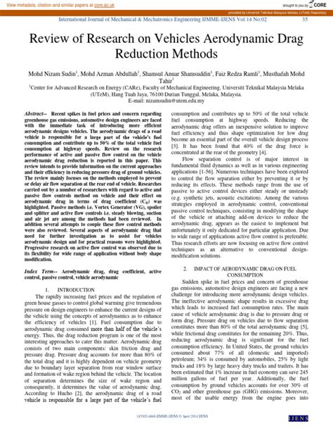 Review Of Research On Vehicles Aerodynamic Drag Reduction Methods Pdf Drag Physics Lift