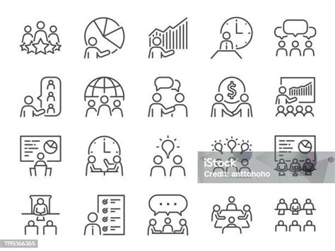 모임 선 아이콘 세트입니다 회의실 팀 팀워크 프레젠테이션 아이디어 브레인스토밍 등으로 아이콘이 포함되었습니다 아이콘에 대한 스톡 벡터 아트 및 기타 이미지 Istock
