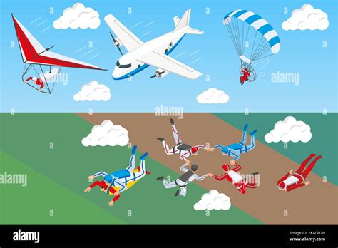 Parachuting Isometric Horizontal Banners With Airplane Hang Glider And