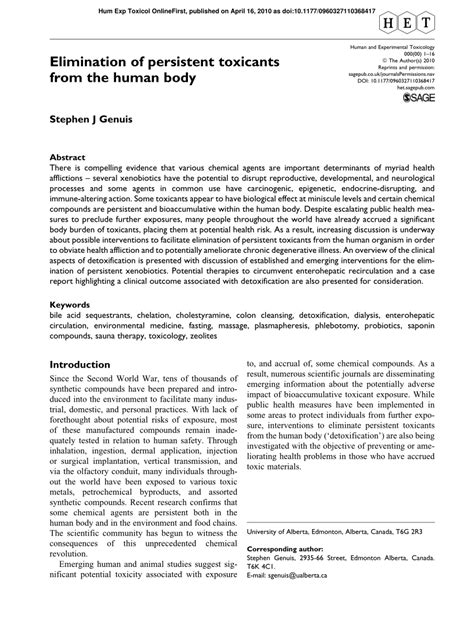 Pdf Elimination Of Persistent Toxicants From The Human Body