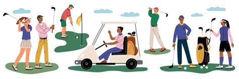 골프 선수들 골프 클럽과 공을 가지고 놀는 사람들 만화 골프 선수 캐릭터 다양한 게임 액세서리 스틱 가방과 자동차 스포츠 대회 운동 포즈 화려한 ⁇ 터 세트 프리미엄 벡터