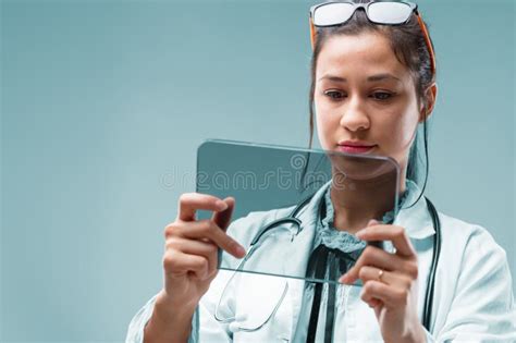 doctor uses tablet for your copyspace data stock image image of