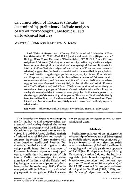 Pdf Circumscription Of Ericaceae Ericales As Determined By Preliminary Cladistic Analyses