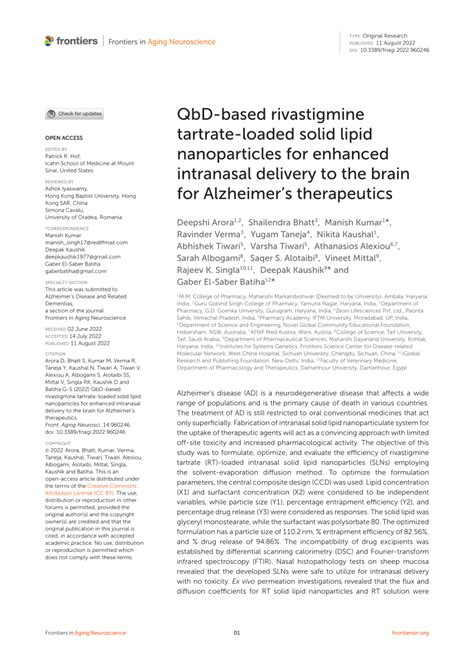 Pdf Qbd Based Rivastigmine Tartrate Loaded Solid Lipid Nanoparticles For Enhanced Intranasal
