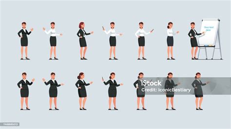 사업가 서 서 몸짓 포인터 막대기로 화이트 보드 플립 차트를 가리키는 펜 Gt 손 세트 비즈니스 우먼 프리 젠 테이 션 또는 교사 강의는 플립 차트 옆에 포즈 평면 벡터