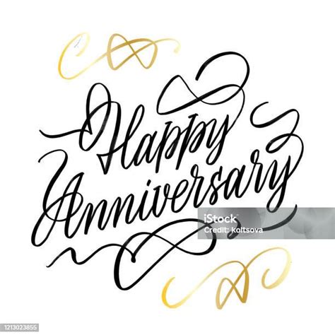 해피 애니버서리 카드 아름 다운 인사말 배너 포스터 서 예 비검 블랙 텍스트 단어 골드 리본입니다 손으로 그린 디자인 필기 모던 브러쉬 레터링 격언에 대한 스톡 벡터 아트