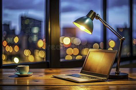 A Cozy Nighttime Workspace 8k Ultra Hd Photography Of A Home Office Setup With A Glowing Lamp