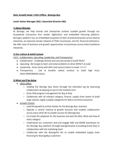 Growth Head Ceos Office Bizongo Buy Pdf