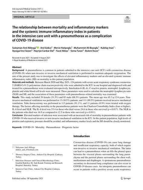 Pdf The Relationship Between Mortality And Inflammatory Markers And The Systemic Immune