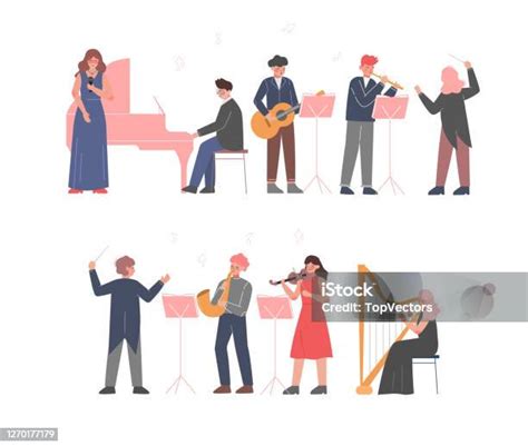 악기 세트를 연주 하는 음악가 캐릭터 바이올린 연주 클래식 뮤지션 공연 무대 기악 심포니 오케스트라 플랫 스타일 벡터 일러스트