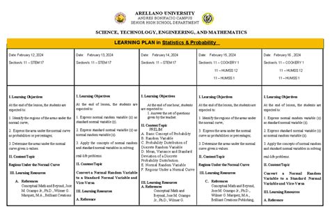 Lp In Stat And Proba ARELLANO UNIVERSITY ANDRES BONIFACIO CAMPUS SENIOR HIGH Babe DEPARTMENT