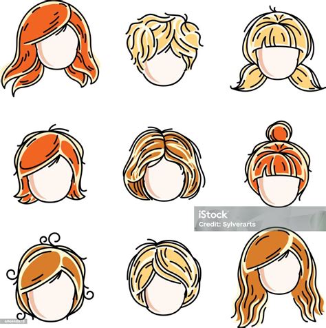 귀여운 여자 얼굴 벡터 인간의 머리 평면 그림의 컬렉션입니다 빨간 머리와 금발 십 대 소녀 작은 여 학생 아바타 클립 아트의 집합입니다 귀여운에 대한 스톡 벡터 아트 및