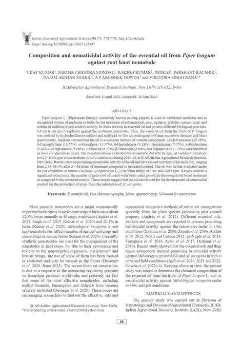 Pdf View Of Composition And Nematicidal Activity Of The Essential Oil From Piper Longum