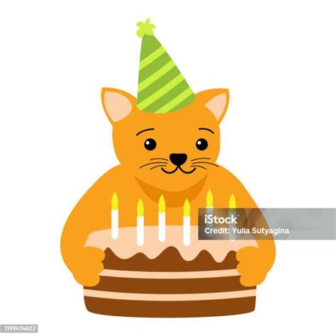 생일 카드 고양이와 케이크 머리에 모자를 가진 생강 고양이를 기쁘게 생각합니다 흰색 배경에 벡터 그림입니다 0명에 대한 스톡 벡터 아트 및 기타 이미지 Istock