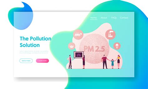 마스크를 쓰고 있는 사람들 미세먼지 Pm 25 랜딩 페이지 템플릿 대기 오염을 보호하는 문자 산업 스모그 보호 의사 방출 위험의 설명 만화 벡터 일러스트레이션 개념에 대한