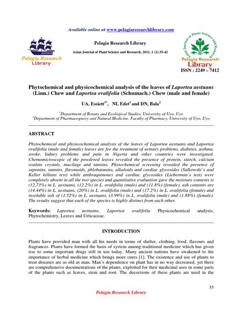Phytochemical And Physicochemical Analysis Of The Leaves Of Laportea