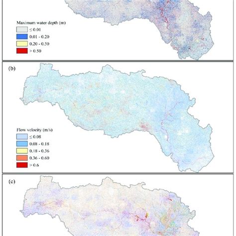 Flood Simulation Results Of A Maximum Water Depth B Flow Velocity Download Scientific