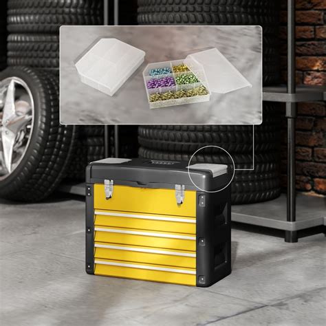 Homcom Yellow 4 Drawer Steel Tool Box With Top Tray For Workshop