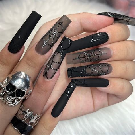 Black Spiderweb Press On Nails Glitter French Tip Halloween Costume