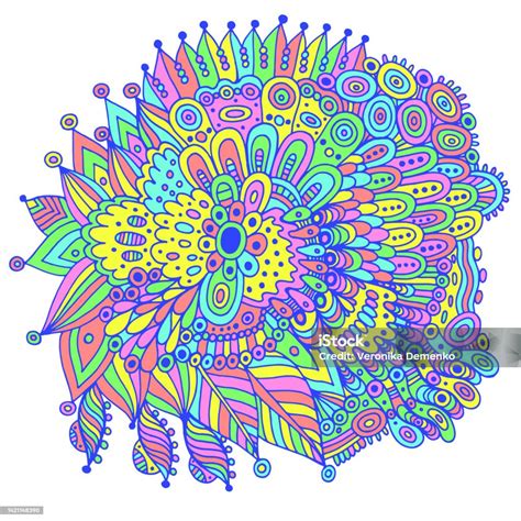 꽃과 잎이있는 꽃 만다라 낙서 장식 된 아늑한 일러스트레이션 추상적 인 복잡한 트리피 패턴 환각 예술 벡터 아트웍 강렬하고 밝은