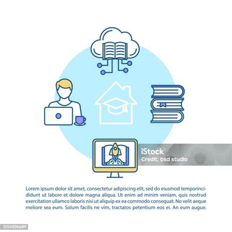 텍스트가 있는 거리 학습 및 원격 작업 개념 아이콘입니다 홈 오피스 작업 공간 온라인 교육 Ppt 페이지 벡터 템플릿입니다 브로셔 잡지 선형 일러스트가 있는 소책자 디자인