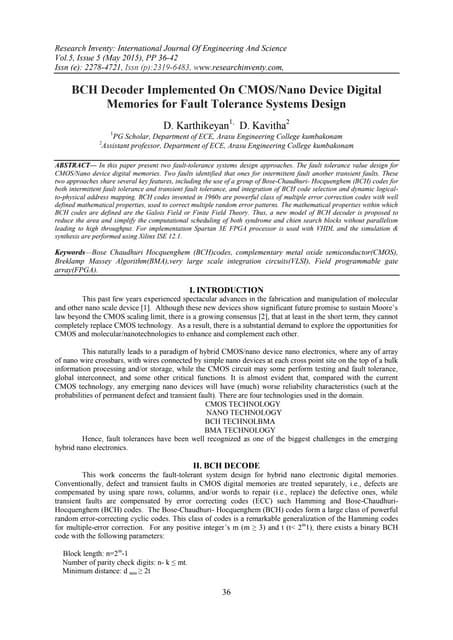 Bch Decoder Implemented On Cmosnano Device Digital Memories For Fault Tolerance Systems Design