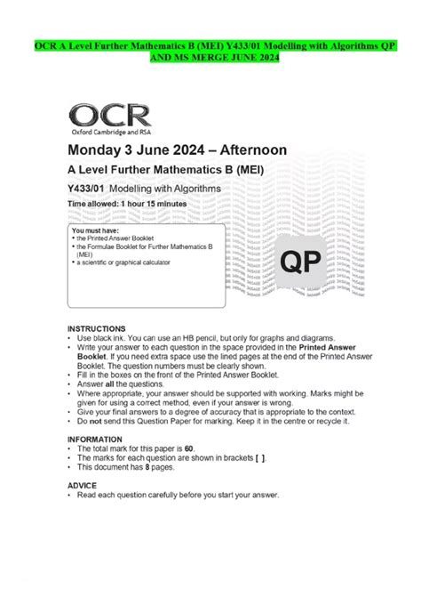 Ocr A Level Further Mathematics B Mei Y43301 Modelling With Algorithms Qp And Ms Merge June