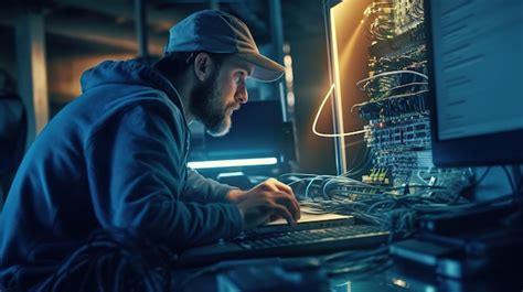 Man Works In Datacenter Cybersecurity Computer Hacker Bank Cyber