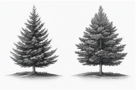 A Pair Of Detailed Pencil Drawings Of Evergreen Trees On A White
