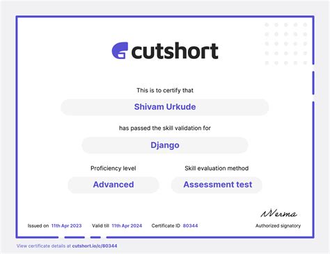 Shivams Skill Certificate For Django Cutshort