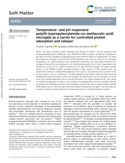 Pdf Temperature And Ph Responsive Polyn Isopropylacrylamide Co Methacrylic Acid Microgels