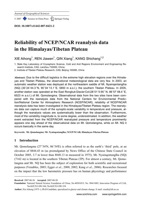 Pdf Reliability Of Ncepncar Reanalysis Data In The Himalayastibetan