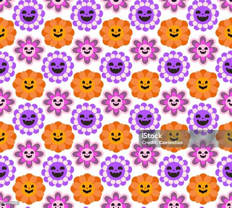 호박 스타일의 무서운 웃기는 바보 같은 얼굴과 미소로 짜증나는 복고풍 데이지 꽃 그루비 복고풍 Y2k 할로윈 벽지 디자인 질감 인쇄 섬유 밀레니엄에 대한 스톡 벡터 아트 및