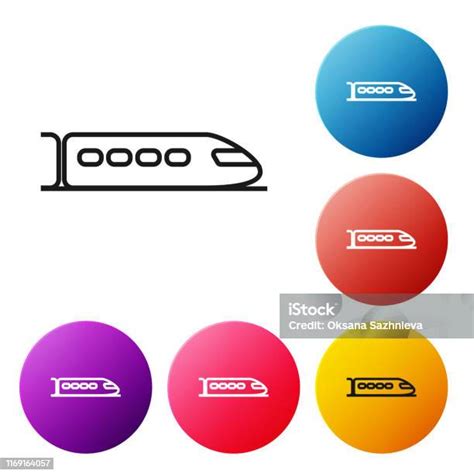 흰색 배경에 격리 된 검은 선 기차 아이콘입니다 대중 교통 기호입니다 지하철 열차 수송 지하철 지하 아이콘 다채로운 원 버튼을 설정합니다 벡터 일러스트레이션 교통수단에 대한