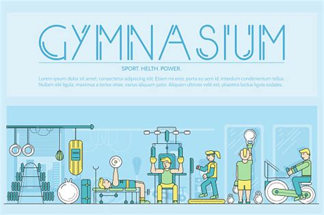 얇은 라인 스포티 한 남녀 연습을 하 고 체육관에서 밖으로 작동 플랫 개요 사람들 스포츠 체육관 벡터 일러스트 레이 션 개념에서