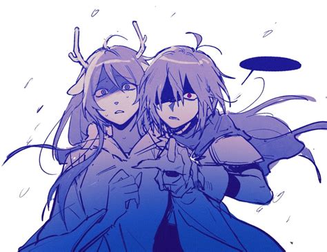 Safebooru 1girl 1other Antlers Armor Blank Speech Bubble Blue Theme Commentary Deer Antlers