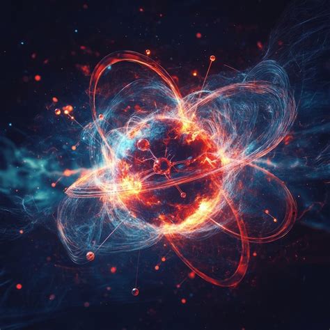 An Abstract Illustration Of An Atom With A Glowing Nucleus And Swirling Electrons Premium Ai