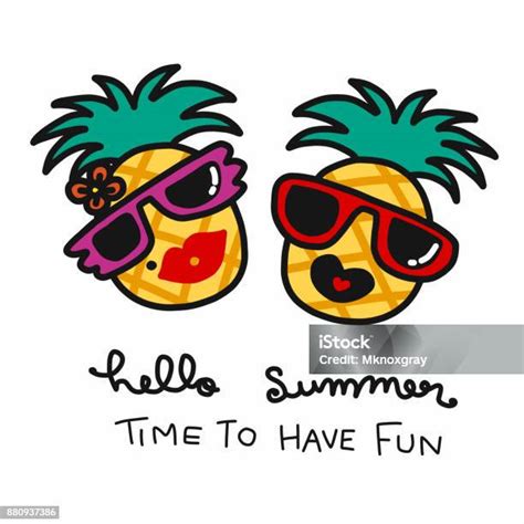 파인애플 몇 안녕하세요 여름 만화 벡터 일러스트 레이 션 과일에 대한 스톡 벡터 아트 및 기타 이미지 과일 귀여운 그리기 Istock