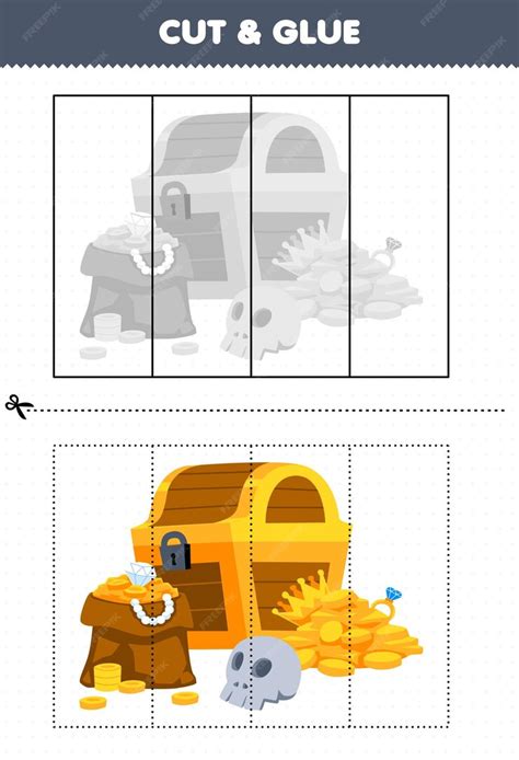 귀여운 만화 보물 상자 인쇄 가능한 해적 워크시트로 아이들을 위한 교육 게임 잘라 붙이기 프리미엄 벡터